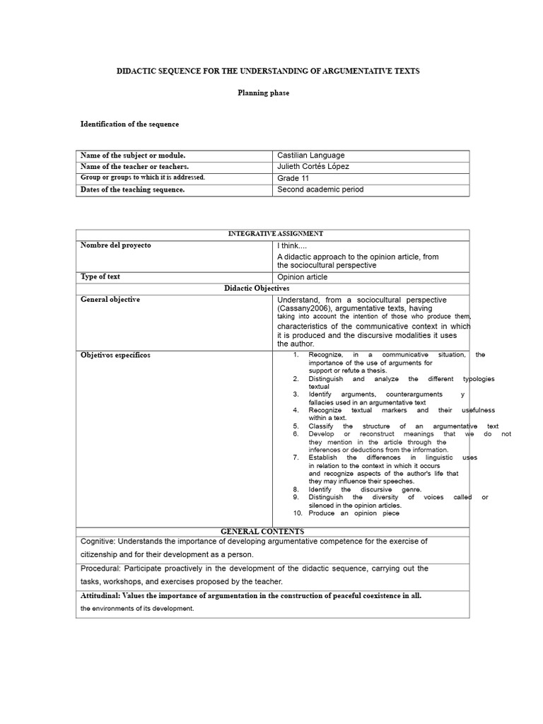 Didactic Sequence For Understanding Argumentative Texts | PDF ...