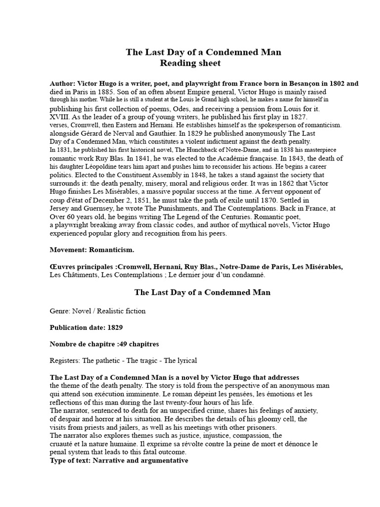Reading Sheet The Last Day of A Condemned Man | PDF | Victor Hugo