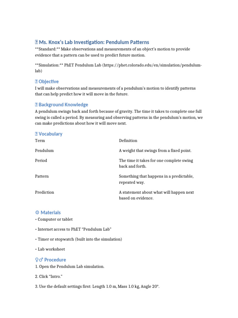 Pendulum Patterns Lab MsKnox | PDF | Pendulum | Science