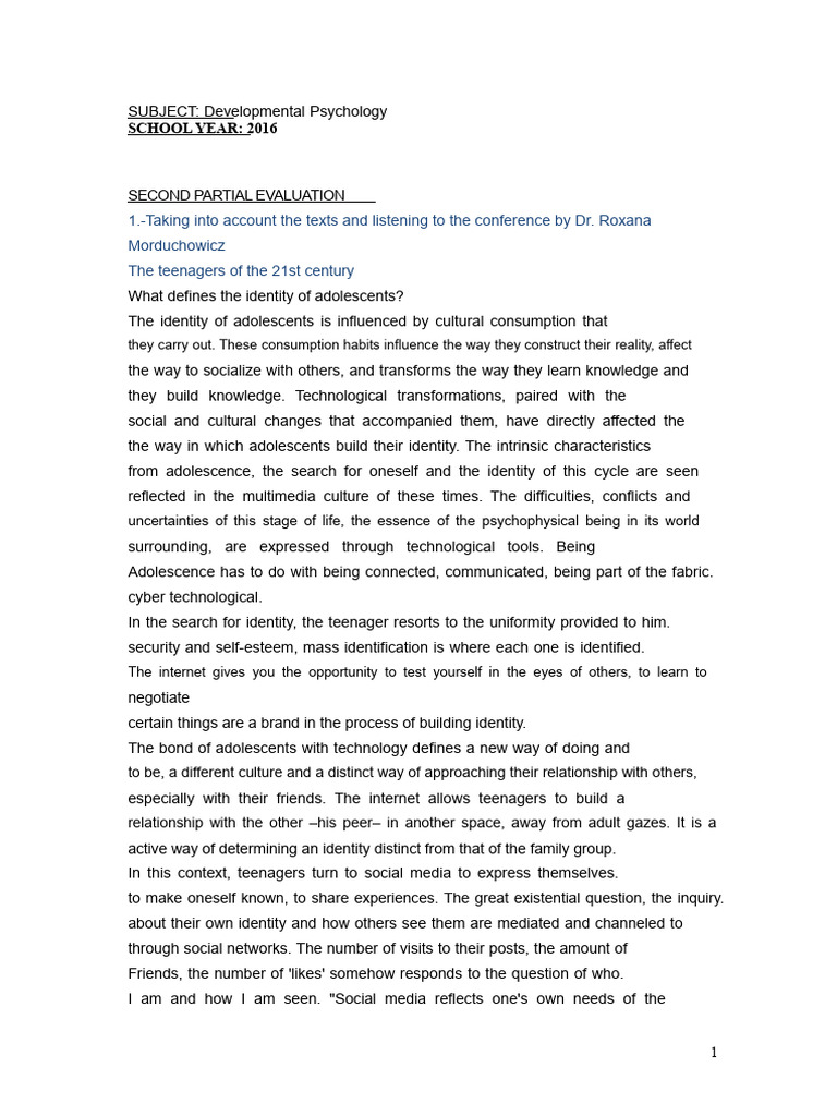 Partial 2 Developmental Psychology | PDF | Adolescence | Identity ...
