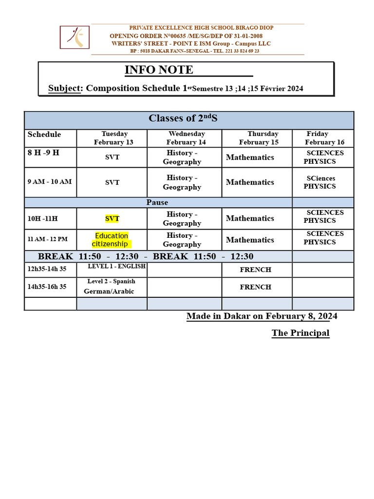 SCHEDULE OF COMPOSITIONS 10th GRADE S FIRST SEMESTER 2024 | PDF