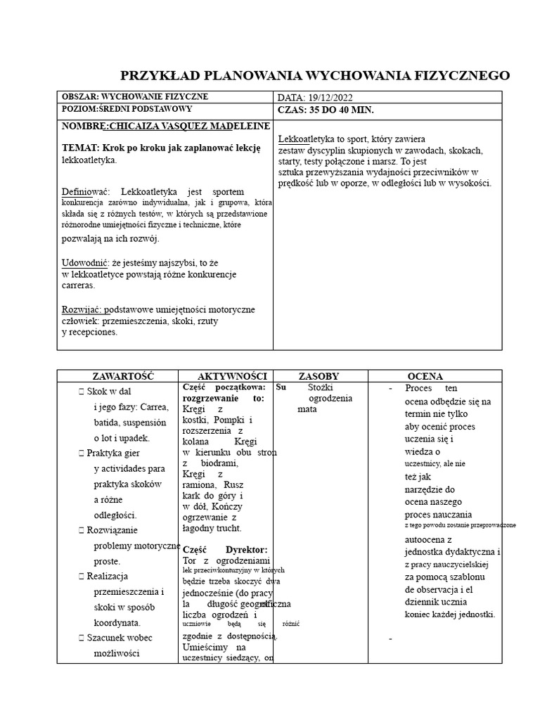 PRZYKŁAD PLANOWANIA WYCHOWANIA FIZYCZNEGO | PDF