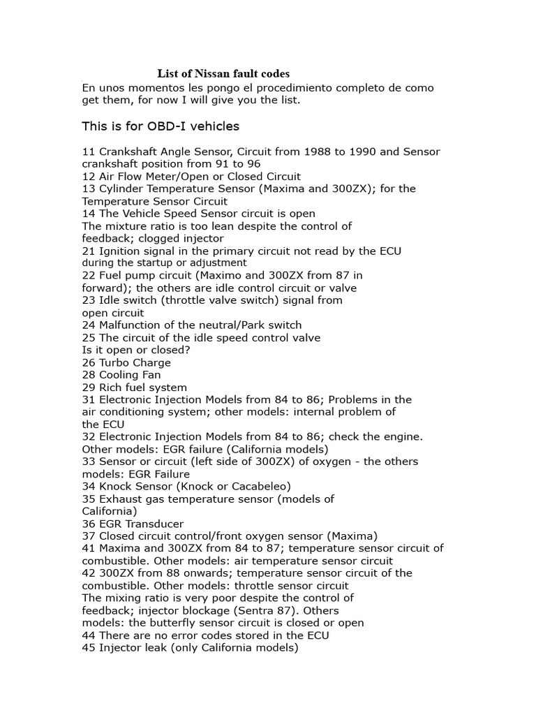 Nissan OBD-I & OBD-II Fault Codes List | PDF | Throttle | Fuel Injection