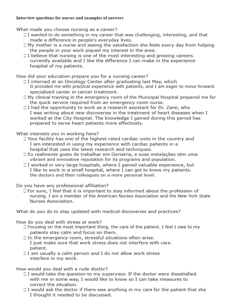 Interview Questions For Nurses and Examples of Answers. | PDF | Nursing ...