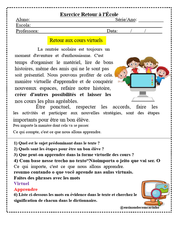 Exercice sur le Retour à l'École Virtuel | PDF