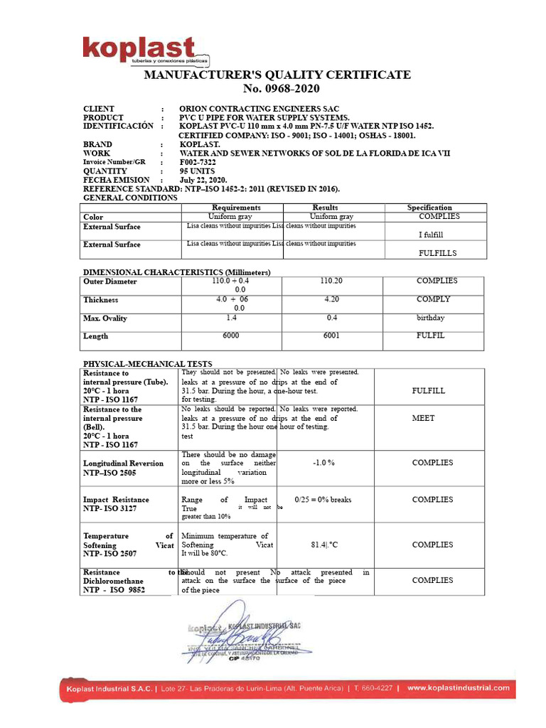 Quality Certificate for PVC U Pipe | PDF | Pipe (Fluid Conveyance ...