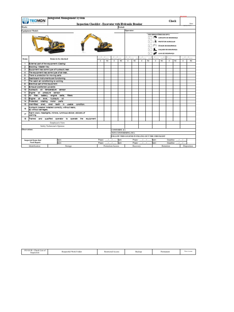 Excavator Inspection Checklist Template | PDF