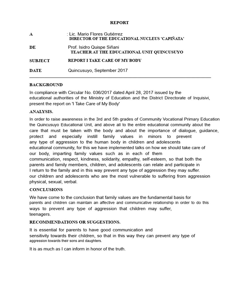 Report I Take Care of My Body | PDF