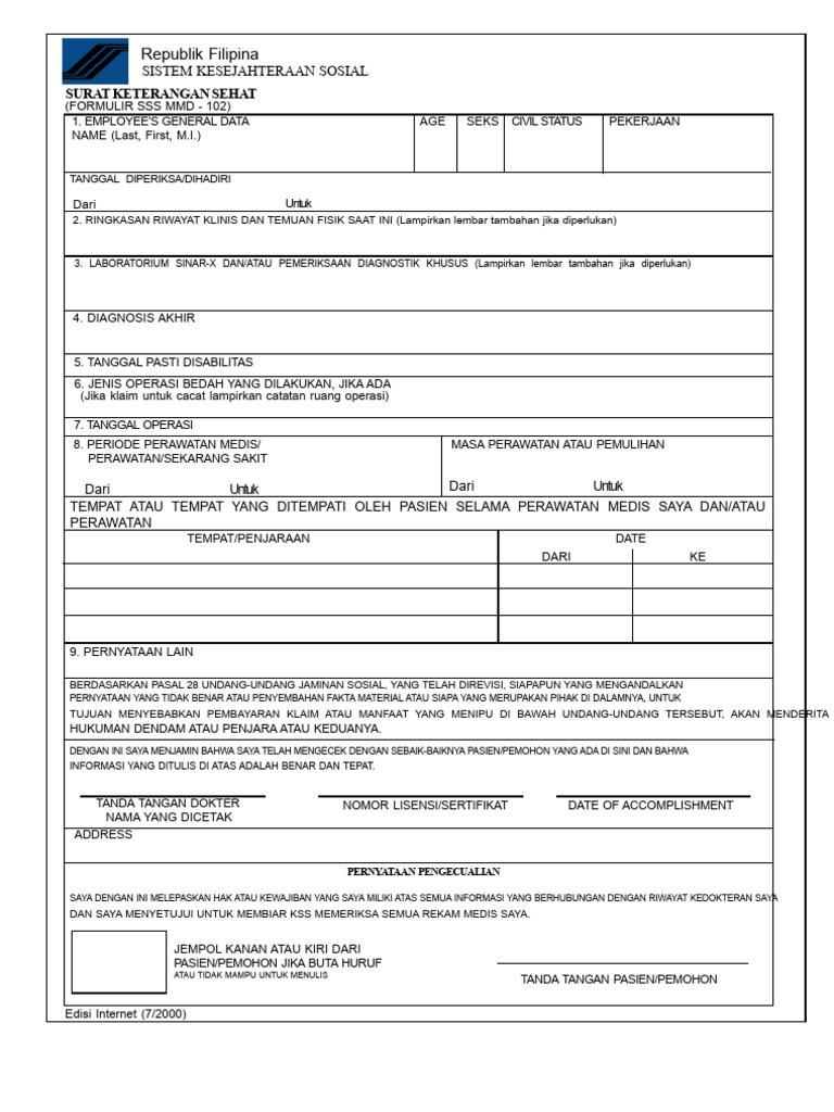 Formulir Kesehatan SSS MMD-102 Filipina | PDF