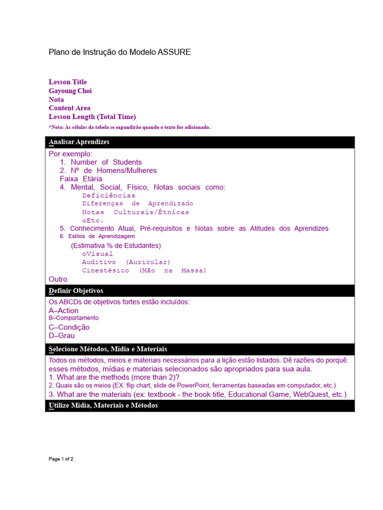 modelo de plano de aula de garantia | PDF | Aprendizado | Método de ensino