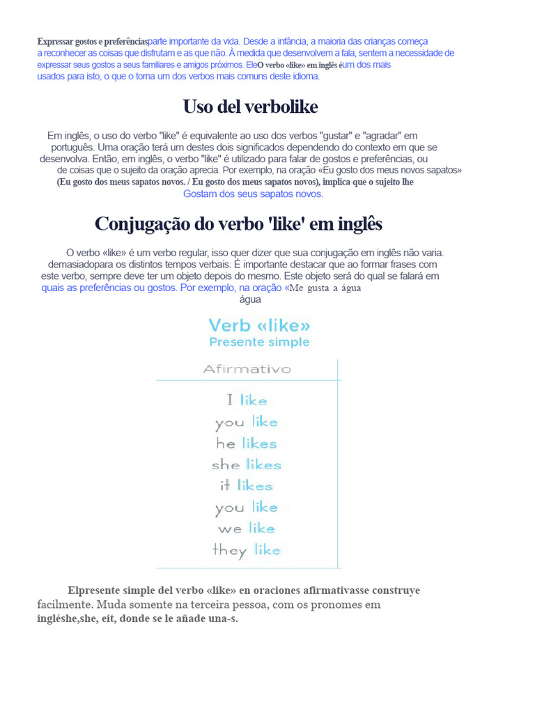 Como Usar o Verbo "Like" em Inglês | PDF | Assunto (gramática) | Língua ...