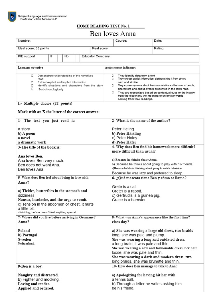 Ben loves Anna | PDF | Multiple Choice | Reading Comprehension