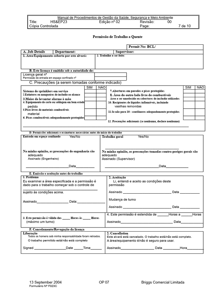 Permissão de Trabalho a Quente F023C | PDF