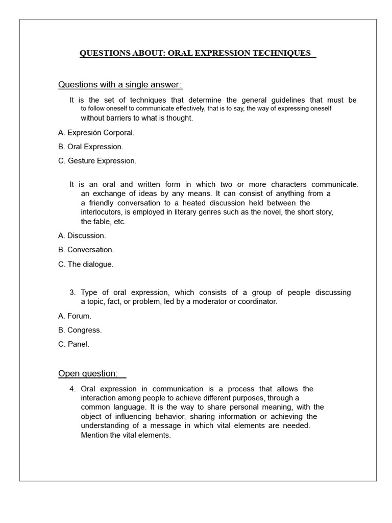 QUESTIONS ABOUT ORAL EXPRESSION TECHNIQUES | PDF | Communication | Learning