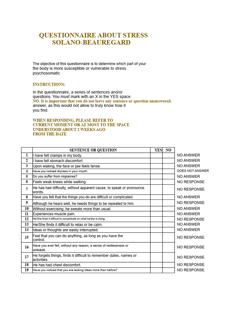 Questionnaire on Stress Solano-Beauregard (2) | PDF | Anxiety ...