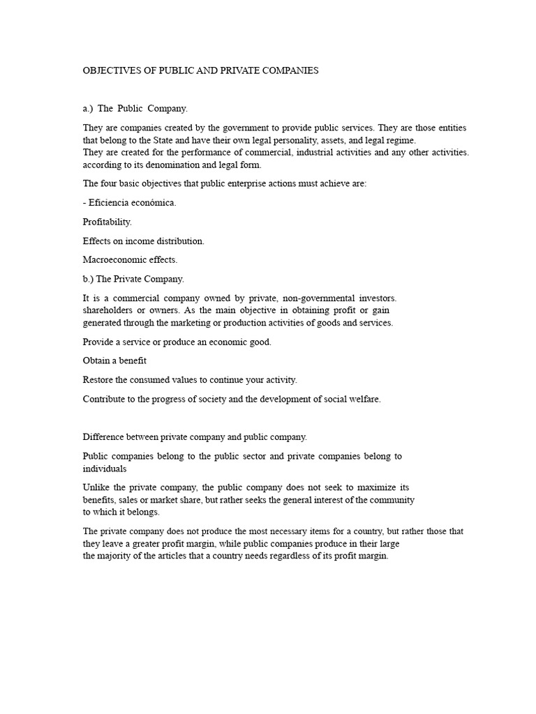 Objectives of Public and Private Companies | PDF