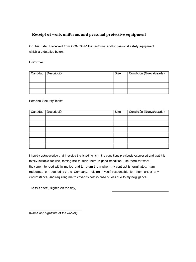 Acknowledgment of Receipt of Work Uniforms | PDF