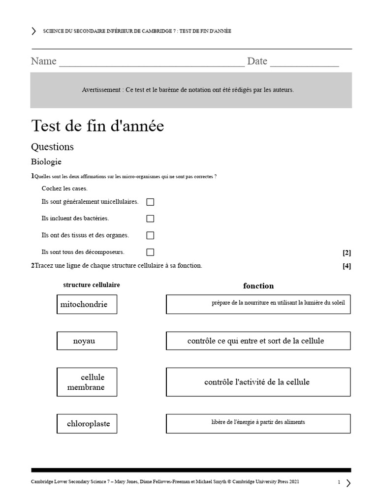 Test de fin d'année en sciences, Cambridge 7 | PDF | Cellule (Biologie ...