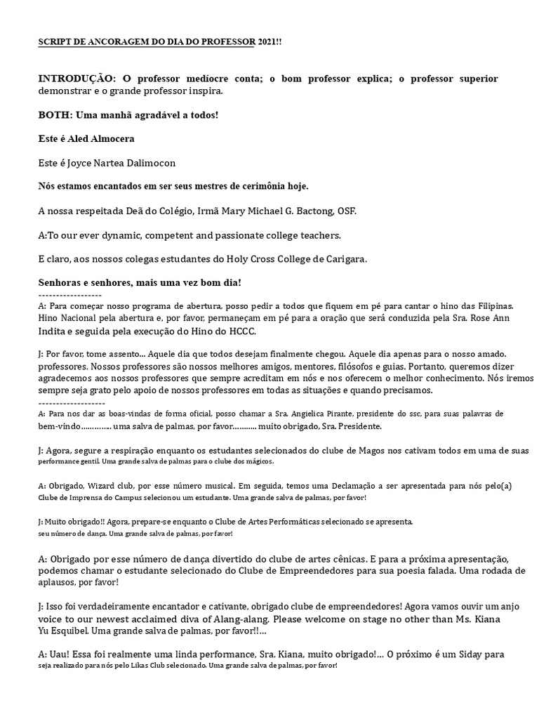 SCRIPT DE ANFITRIÃO DO DIA DOS PROFESSORES | PDF