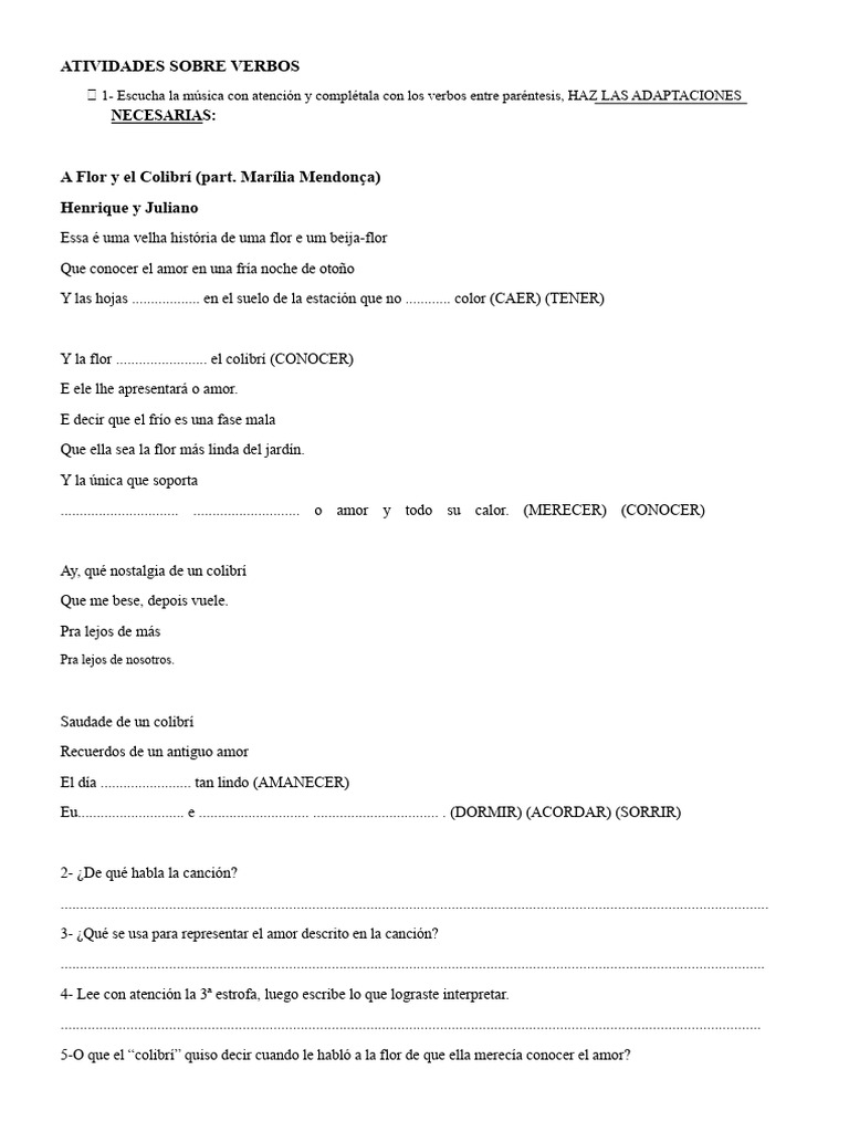 La Flor y El Colibrí Actividades Sobre Verbos | PDF | Verbo | Morfología