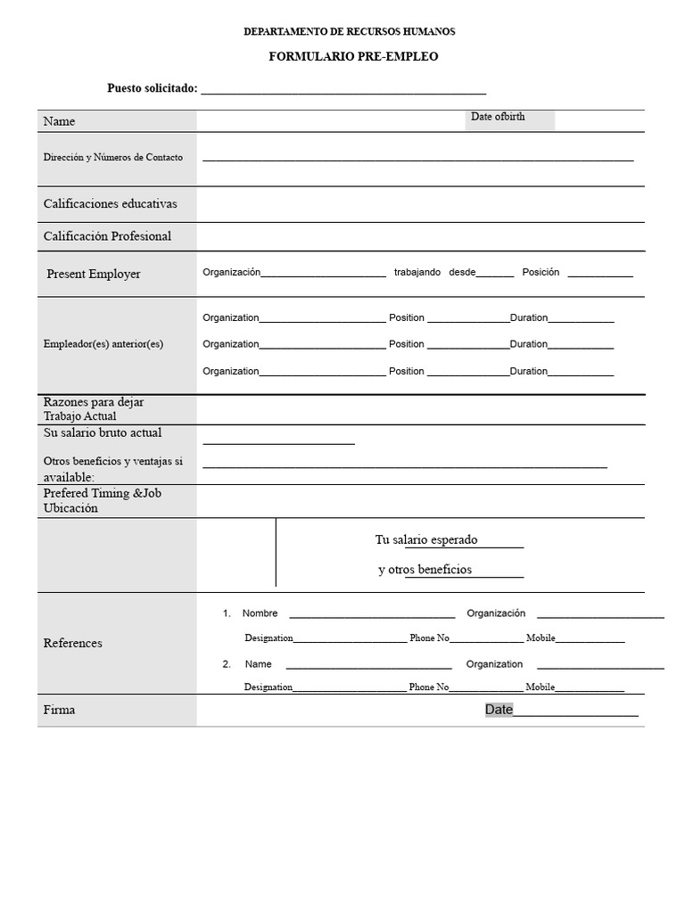 Formulario Pre-empleo Recursos Humanos | PDF