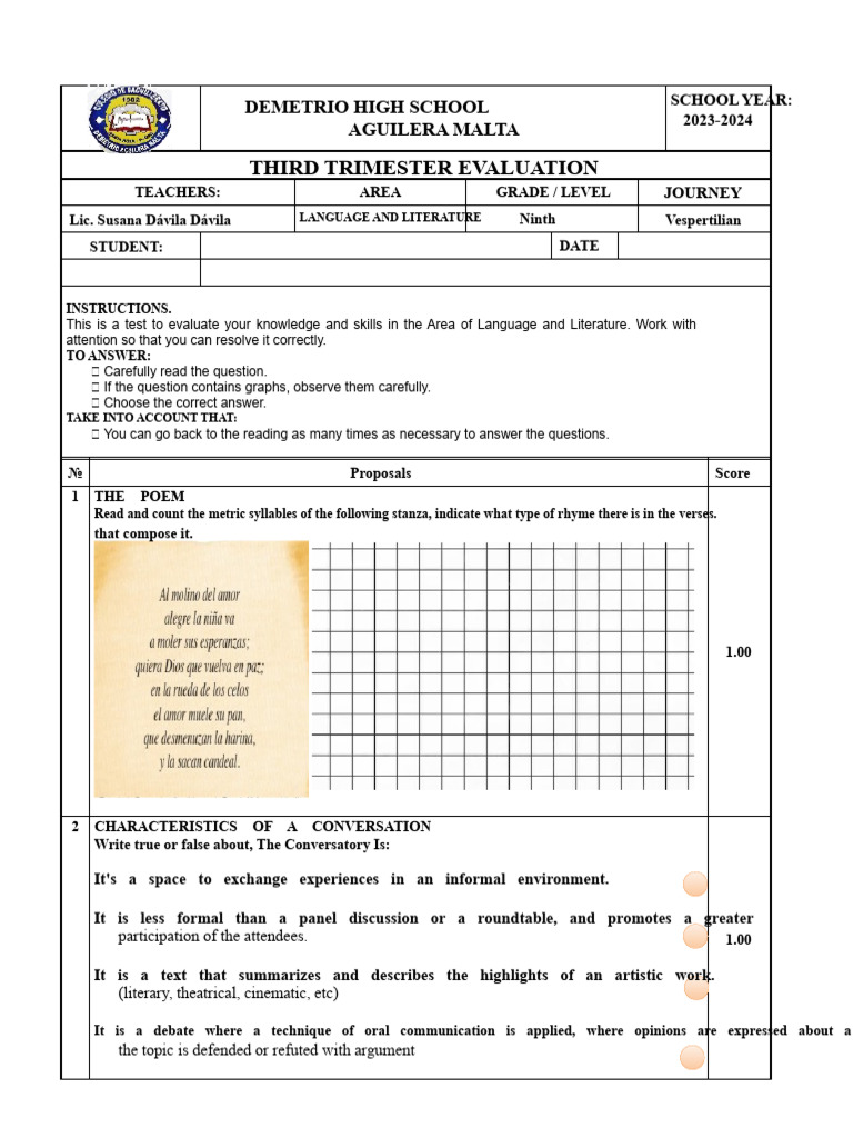 Ninth Grade Language Evaluation 2024 | PDF | Poetry | Reading Comprehension