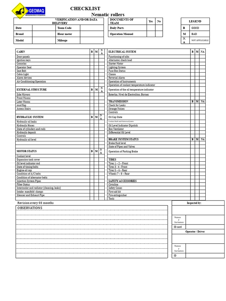 Check List - Pneumatic Roller | PDF | Truck | Engines