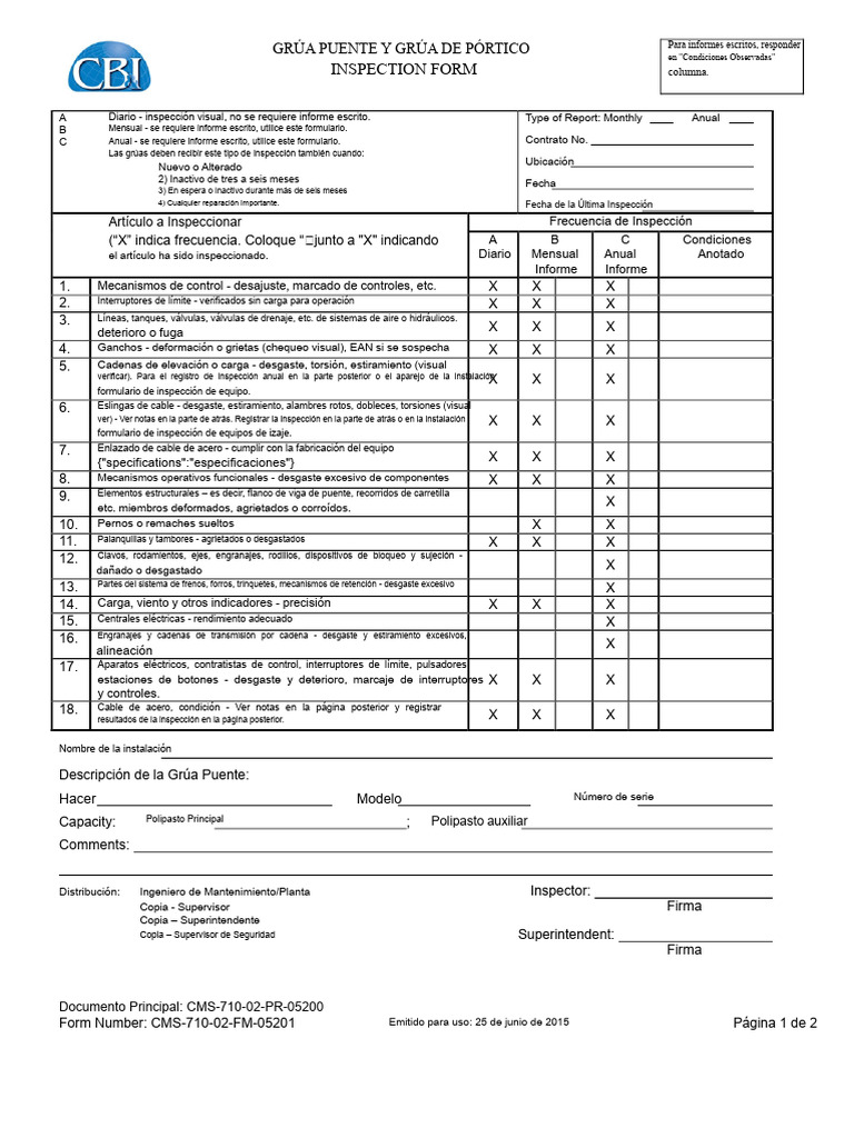 Cms-710-02-Fm-05201 - Formulario de Inspección de Grúas de Puente y ...