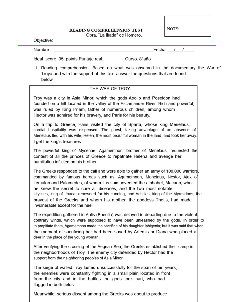 Trojan War Reading Comprehension Test | PDF | Agamemnon | Paris (Mythology)
