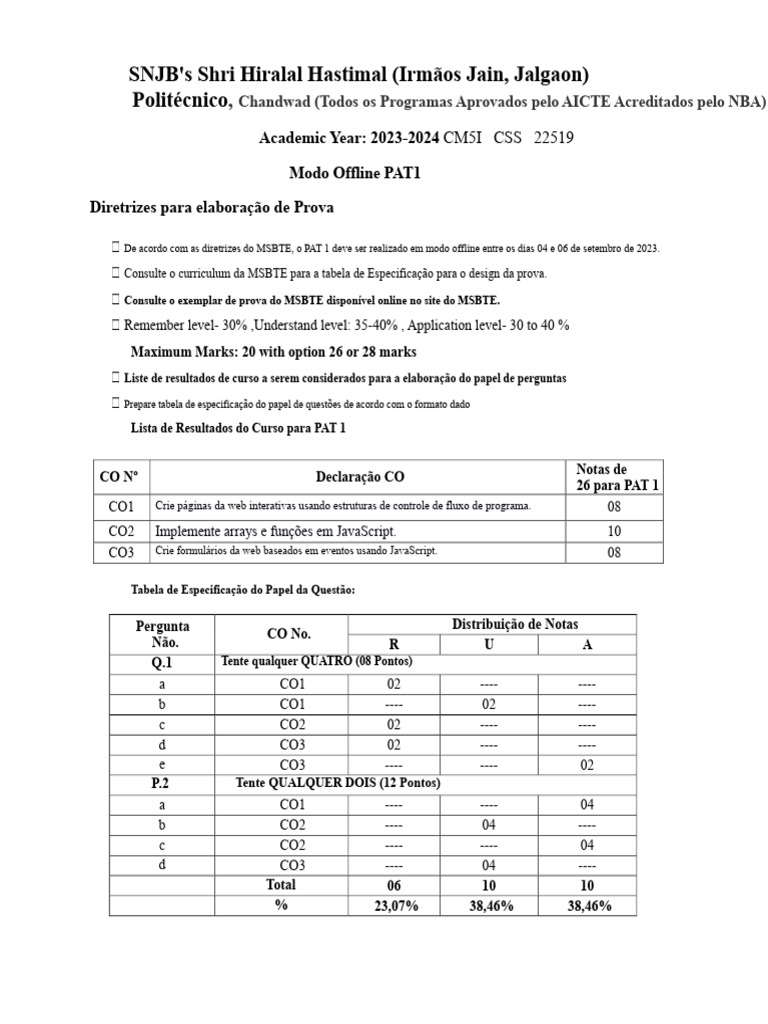 PAT1-CSS(22519) 2023-24 Com Resposta Modelo | PDF | Script Java | Html