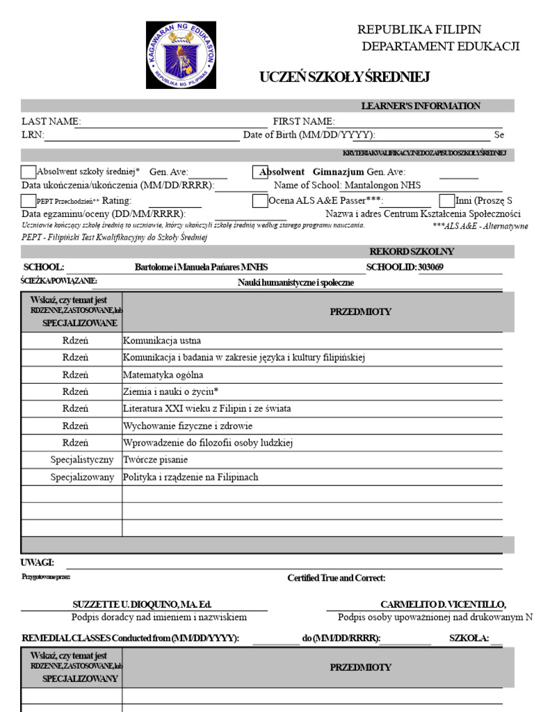SF10-SHS Mantalongon | PDF
