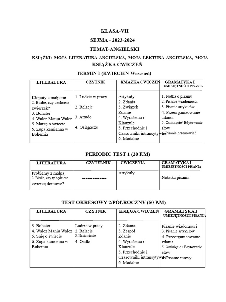 Program nauczania klasy 7 na rok 2023-24 | PDF