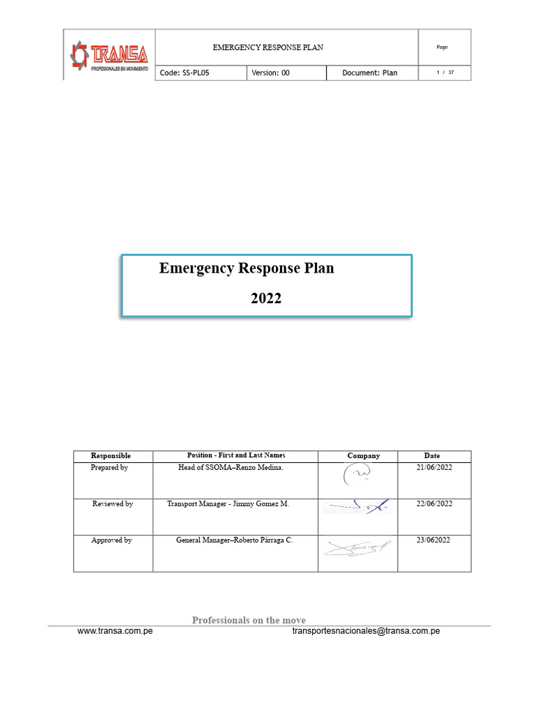 Emergency Response Plan TRANSA | PDF | Emergency Management | Emergency