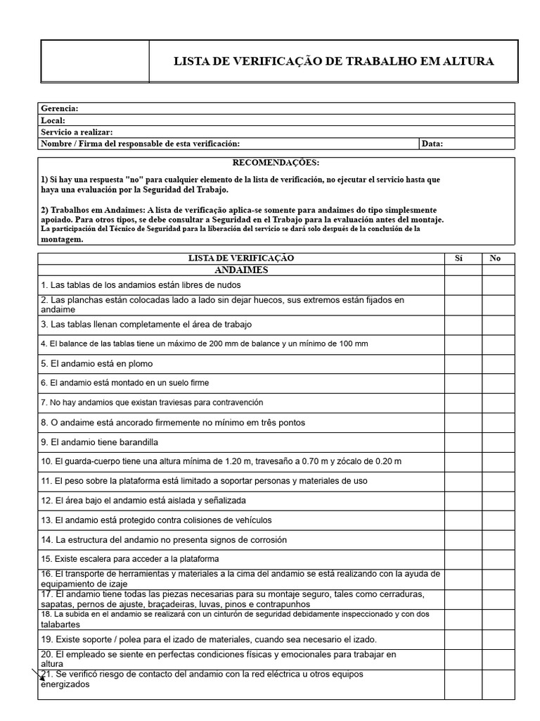 lista de verificación de trabajo en altura.doc | PDF | Andamio