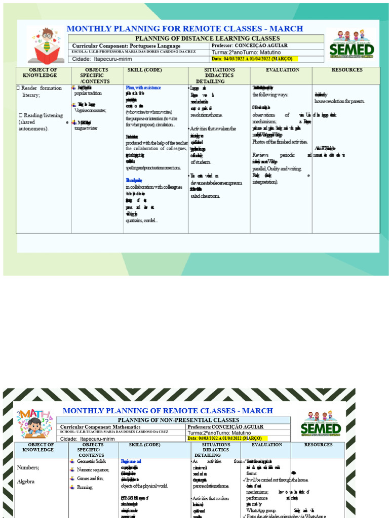 MONTHLY PLANNING MARCH 2 YEAR 2022 CONCEIÇÃO AGUIAR | PDF | Learning