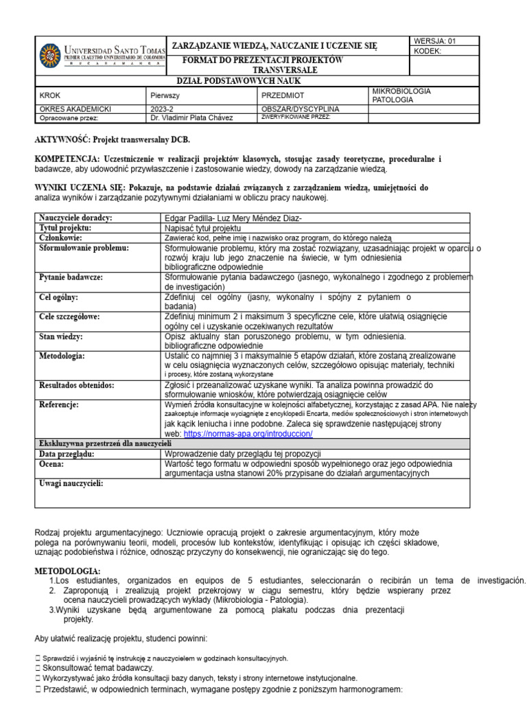 Format Prezentacji Projektów Międzydziałowych DCB 2023-2 | PDF