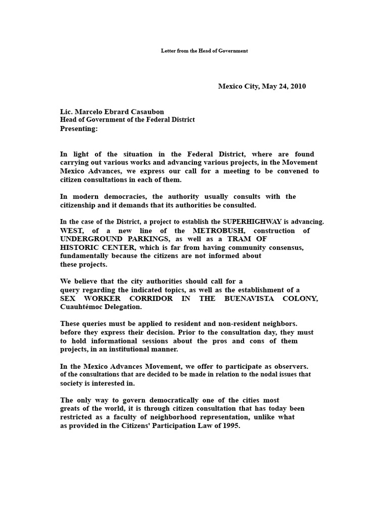 Letter To The Head of Government, May 2010 | PDF