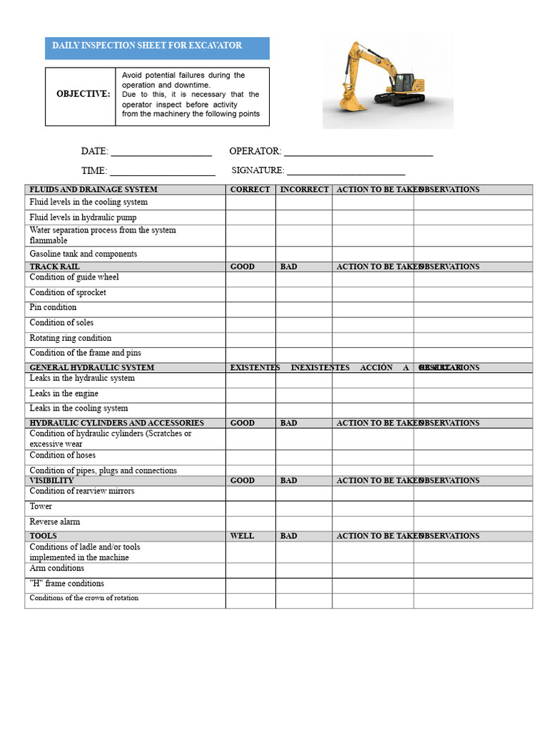 Excavator checklist | PDF | Mechanical Engineering | Equipment