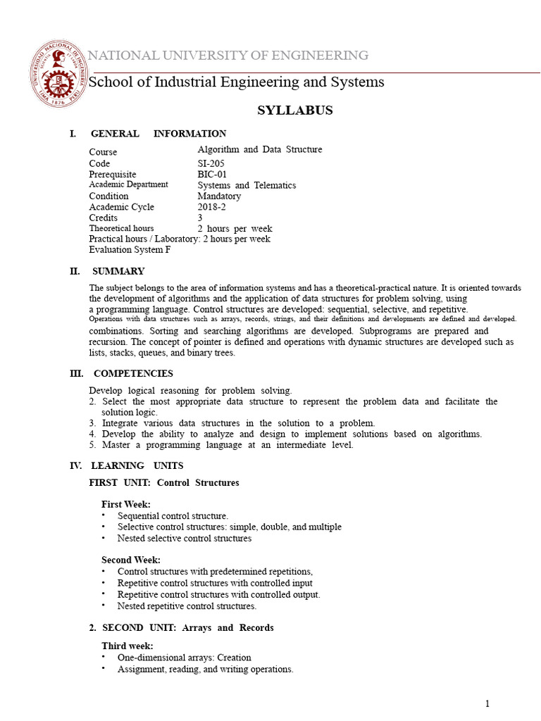 Syllabus-SI-205-Algorithmics and Data Structures | PDF | Pointer ...