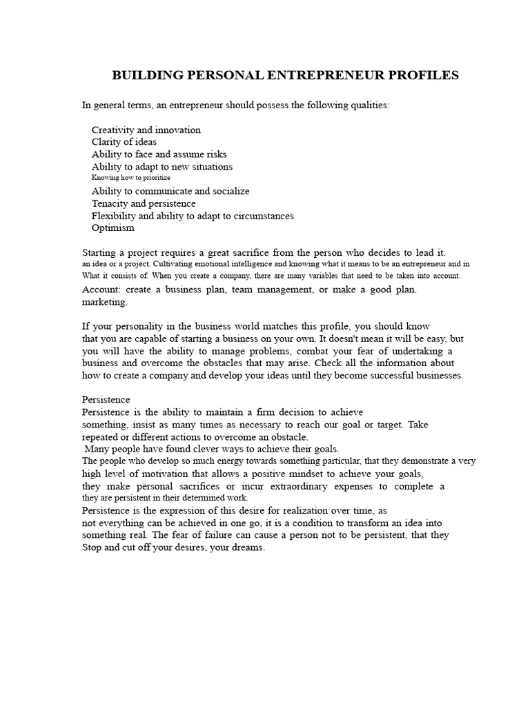 Building Personal Entrepreneur Profiles | PDF | Goal | Entrepreneurship
