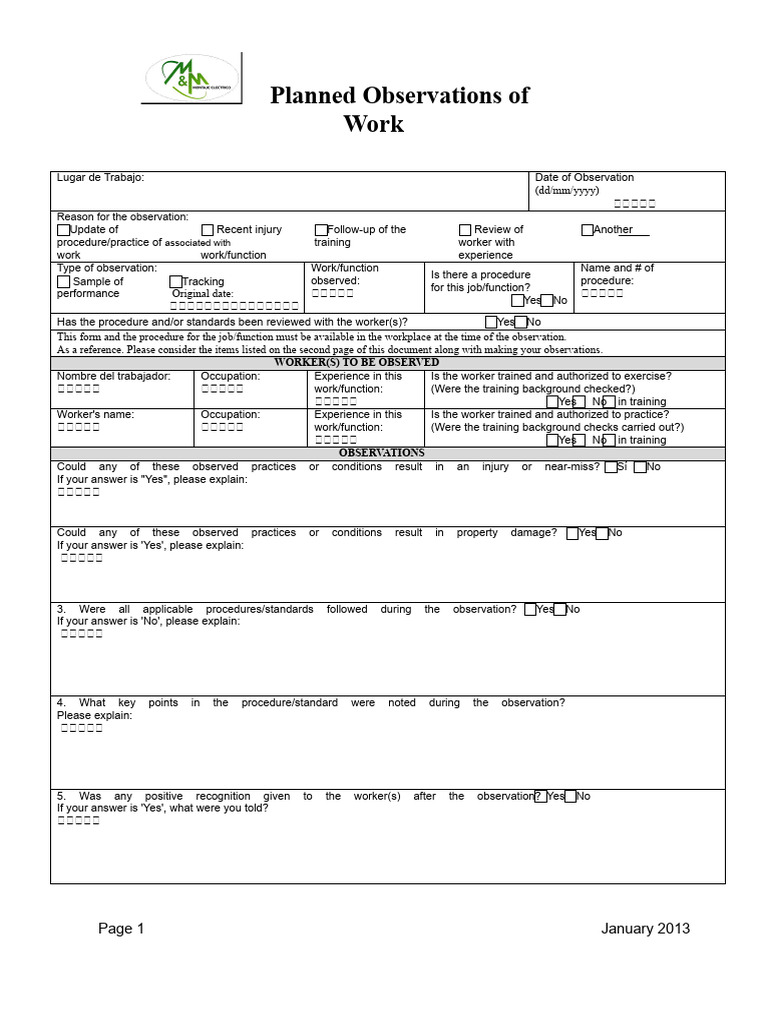 04_Planned_Work_Observation_Form | PDF | Personal Protective Equipment ...