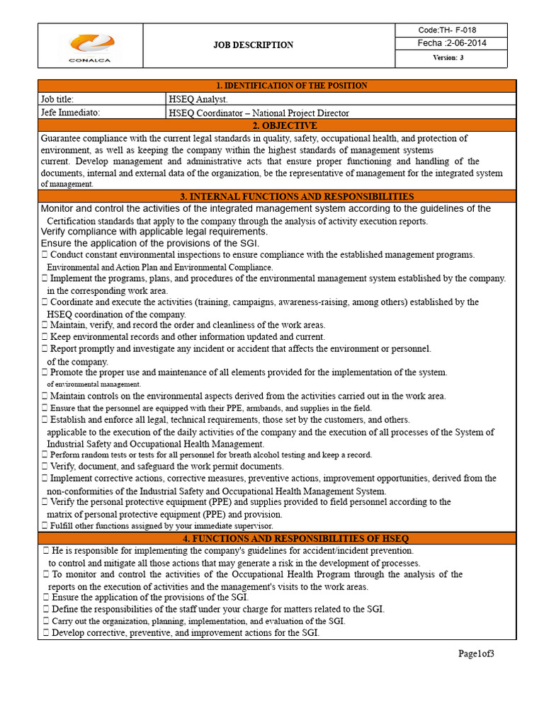 TH-F-018 Job Description - HSEQ Analyst | PDF | Occupational Safety And ...