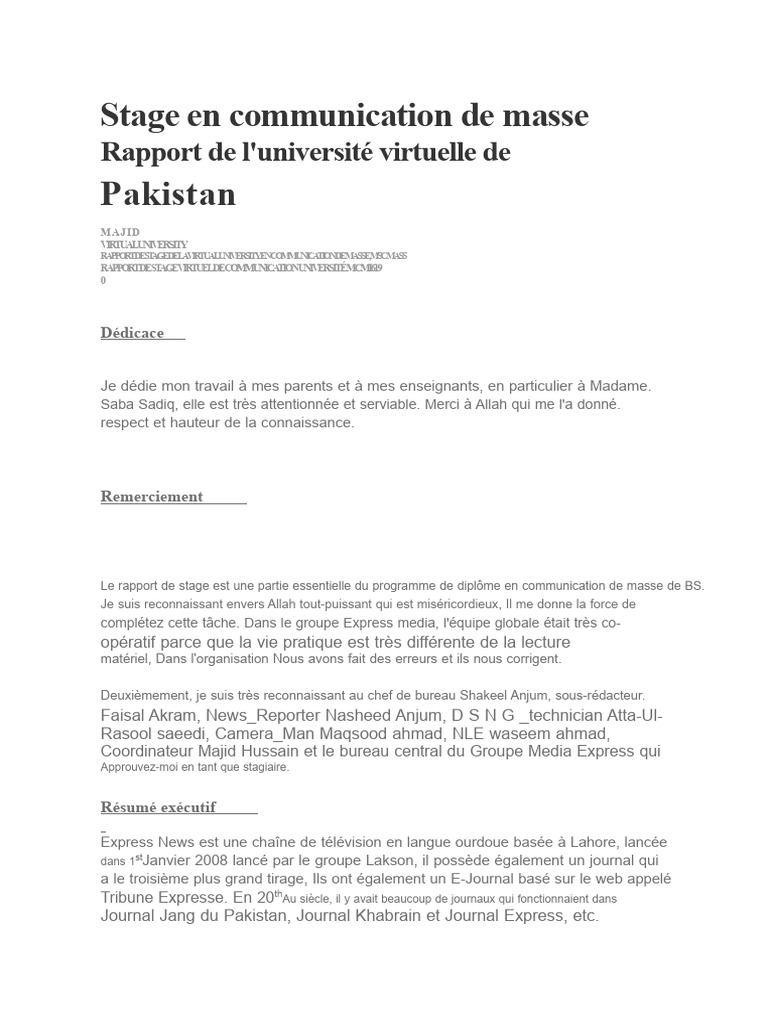 Rapport de stage en communication de masse | PDF | Journaux | Journalisme