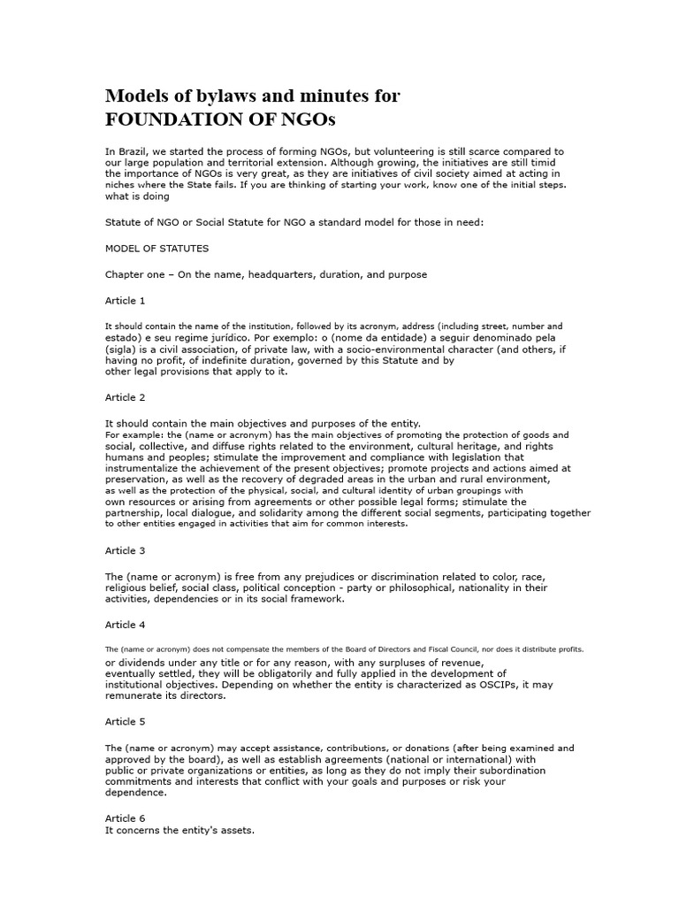 MODELS OF BYLAWS AND MINUTES FOR THE FOUNDATION OF NGOs | PDF | Non ...