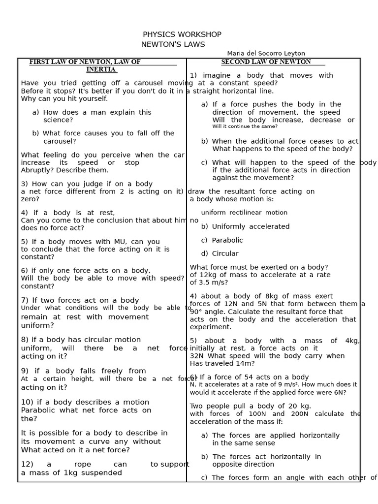 Physics Workshop Newton's Laws | PDF | Force | Newton's Laws Of Motion