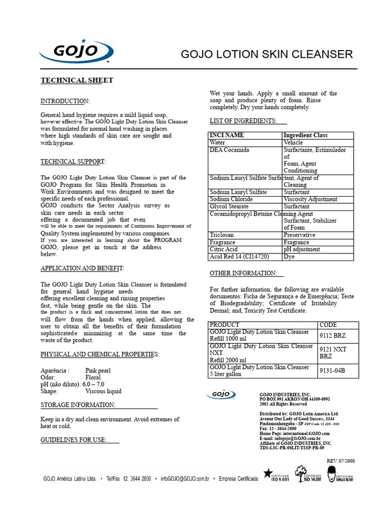 FISPQ - Gojo hand cleaning lotion | PDF | Surfactant | Hygiene