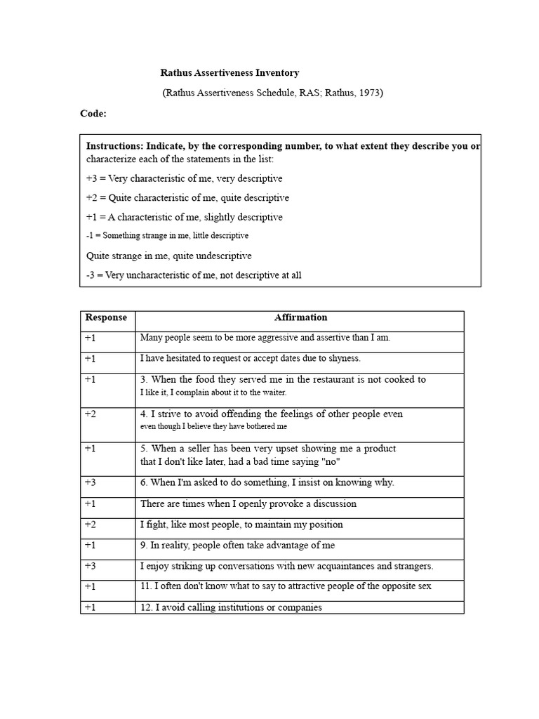 Rathus Assertiveness Inventory Guide | PDF | Social Psychology ...