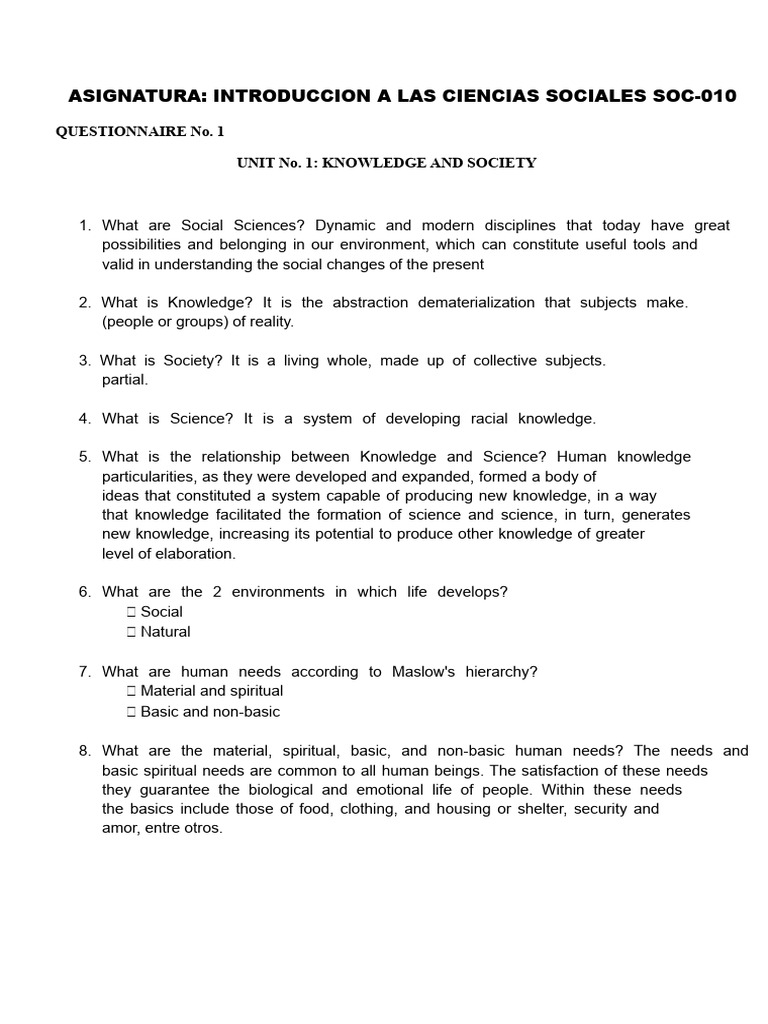 Soc-010 Questionnaire 1 Filled out h | PDF | Science | Knowledge