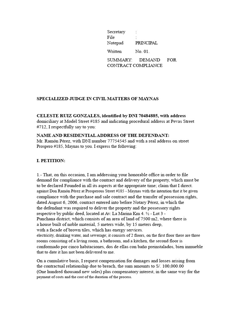 Demand for Contract Compliance in Maynas | PDF | Damages | Lawsuit