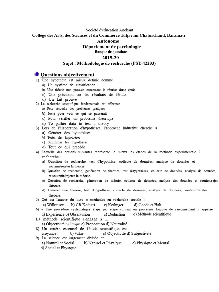 Banque de questions de méthodologie de recherche 4203 | PDF ...